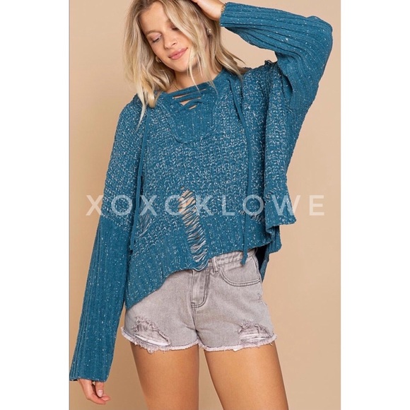 POL | Sweaters | Pol Teal Tattered Hoodie Sweater Ribbed Knit Relaxed ...